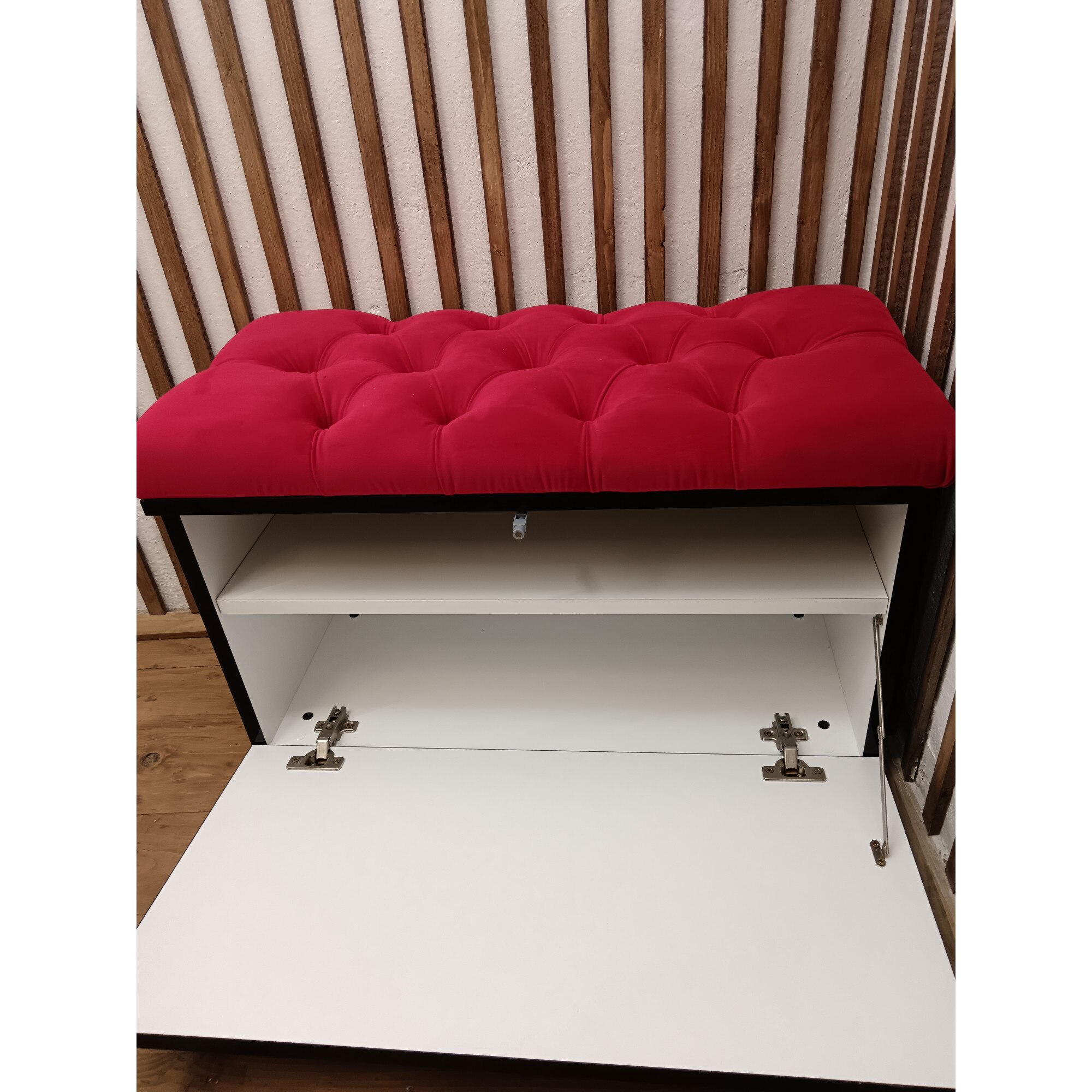 Pantofar tapitat, MDF Negru Lucios MG, Rosu, 60x32x48 cm - eMAG.ro