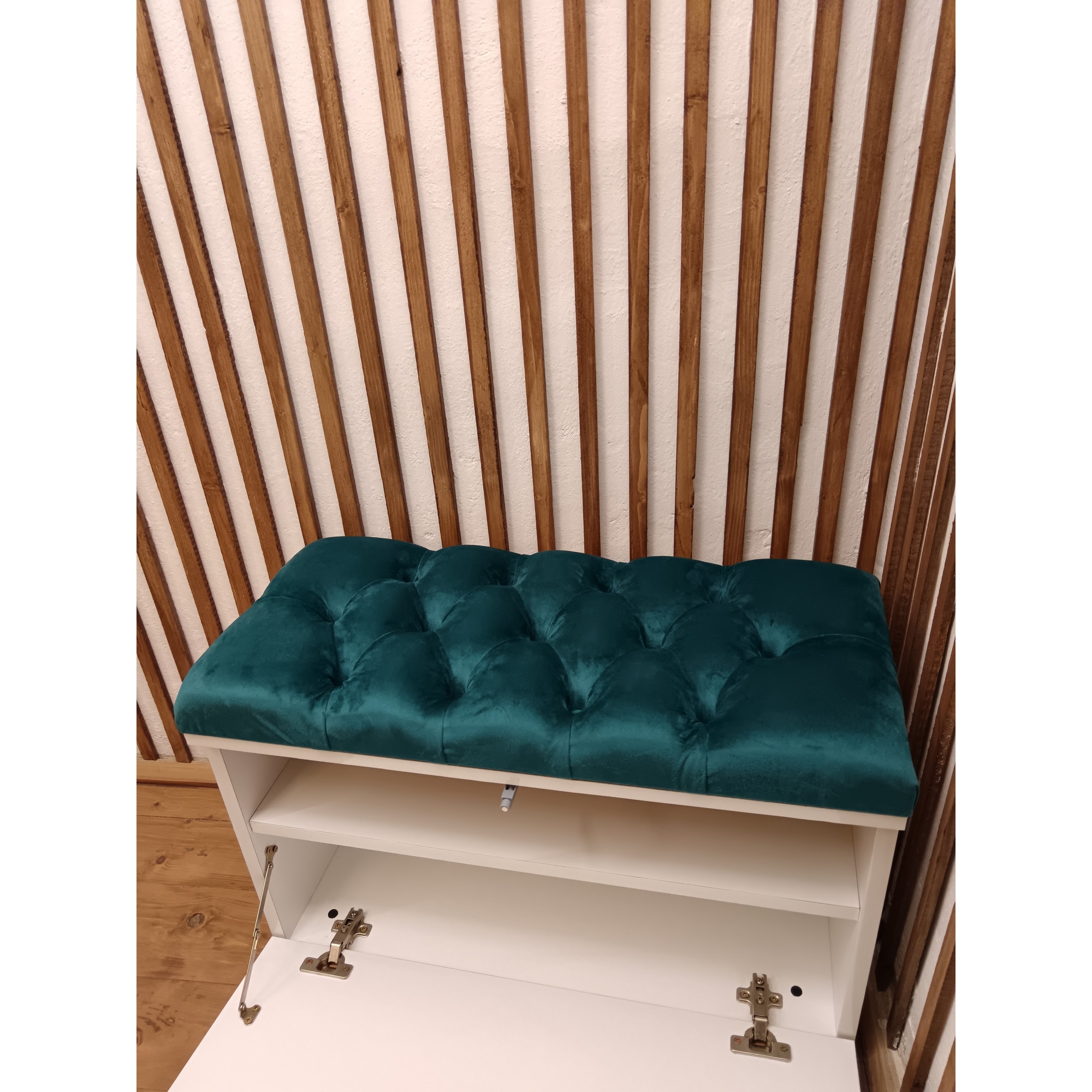 Pantofar tapitat, MDF Alb Lucios MG, Turcoaz, 80x32x48 cm - eMAG.ro