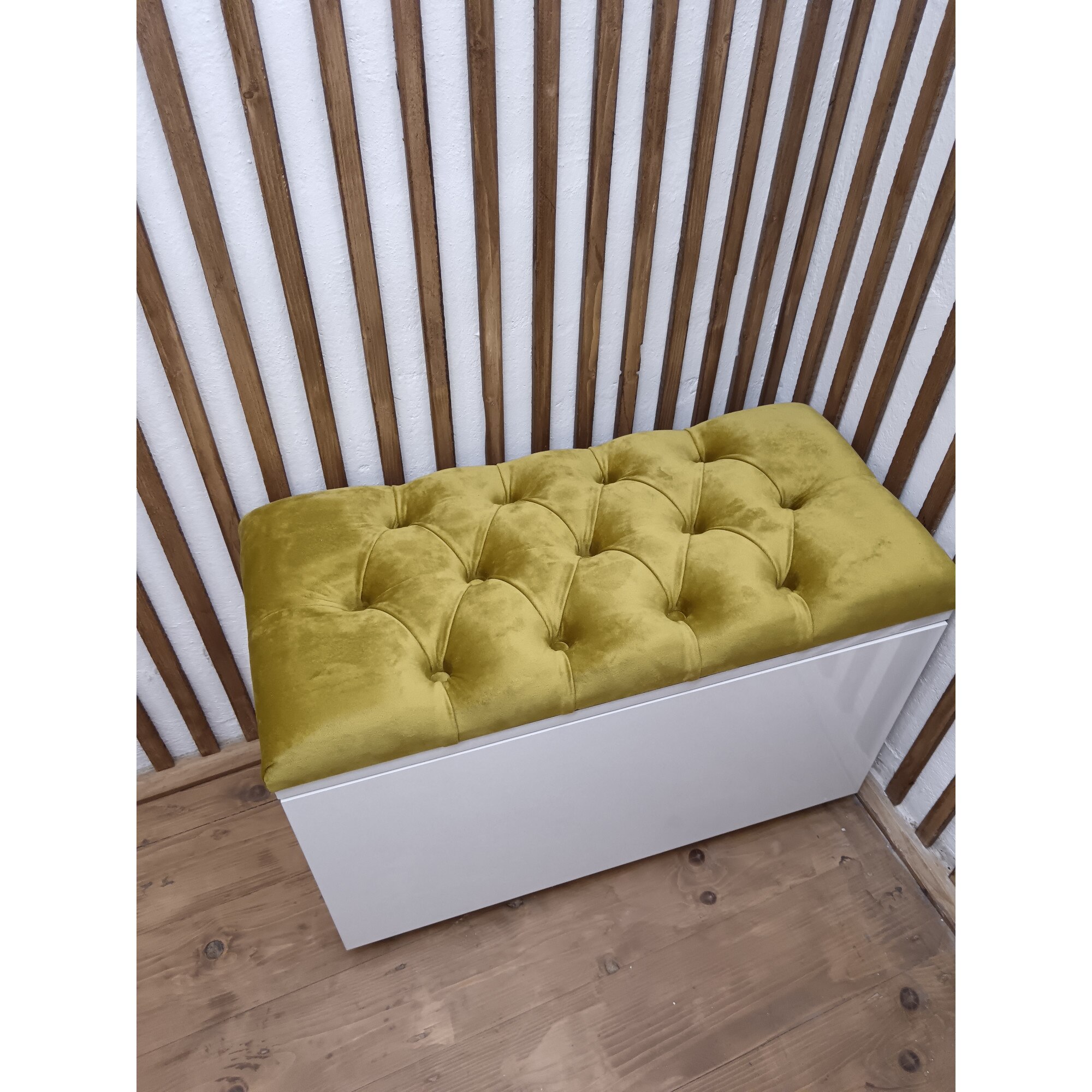 Pantofar tapitat, MDF Alb Lucios MG, Mustar, 80x32x48 cm - eMAG.ro