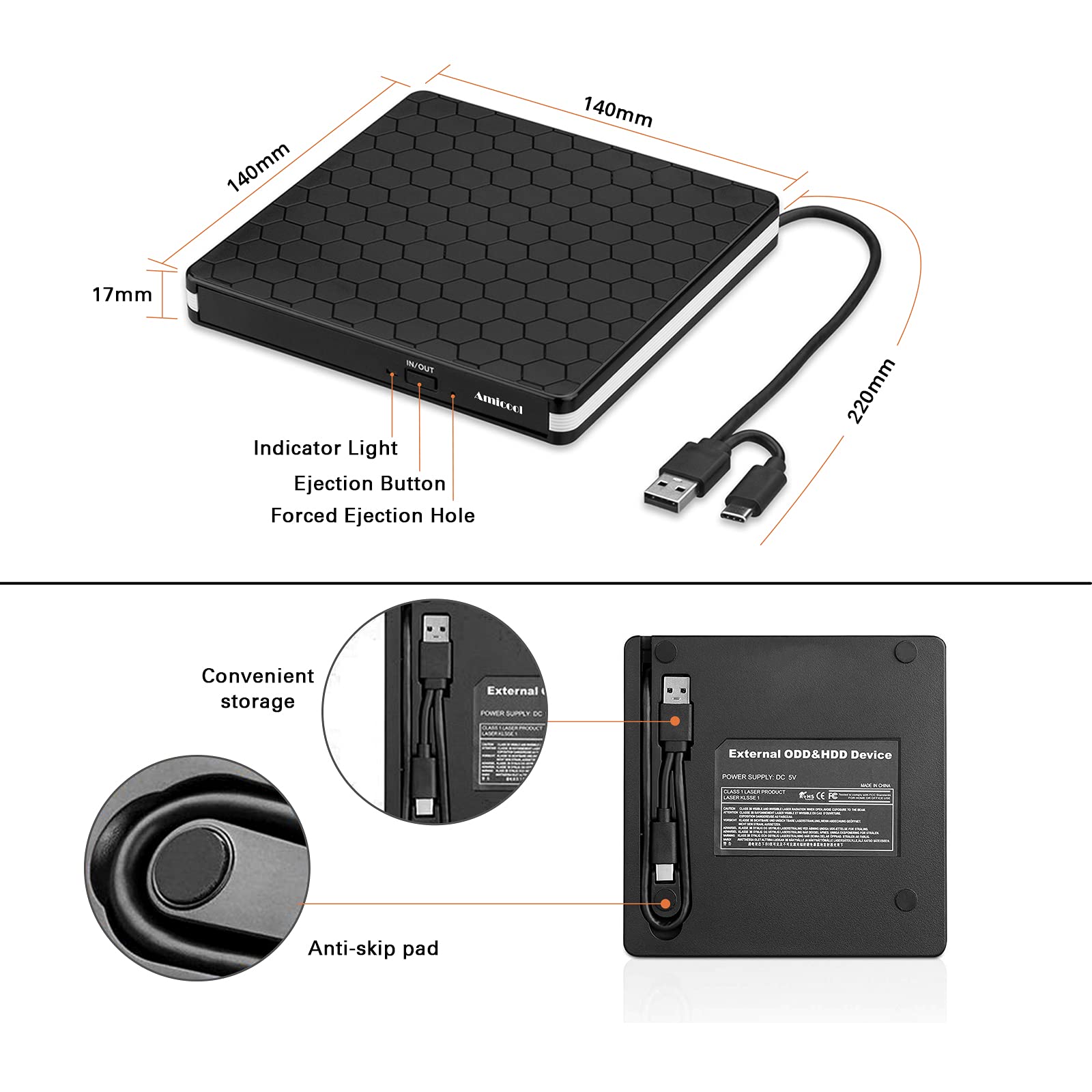 Unitate DVD externa, JESWO, CD, DVD, USB/USB-C, Compatibil laptop, PC ...