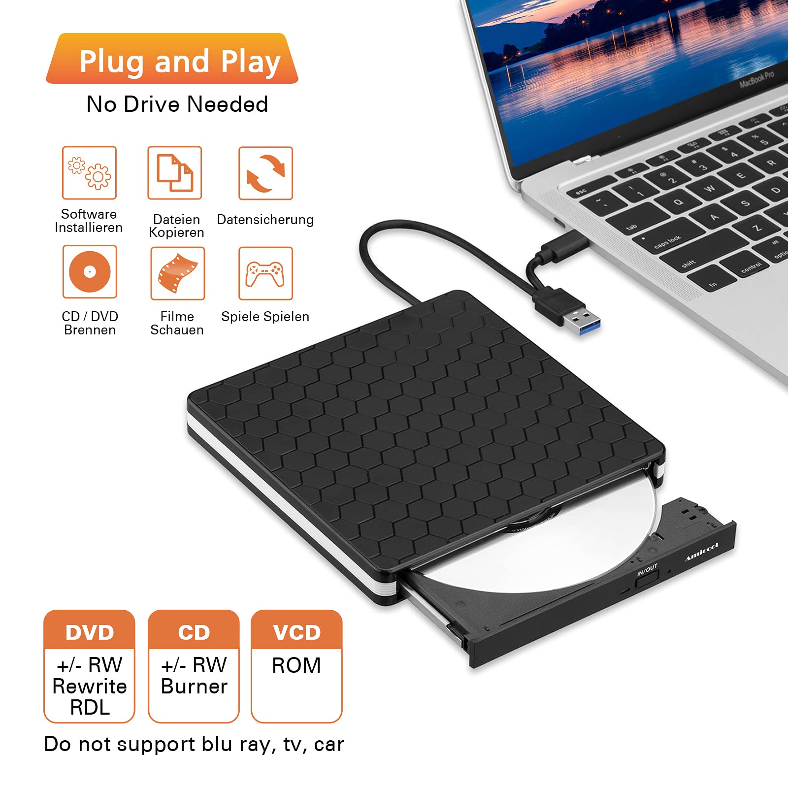 Unitate DVD externa, JESWO, CD, DVD, USB/USB-C, Compatibil laptop, PC ...