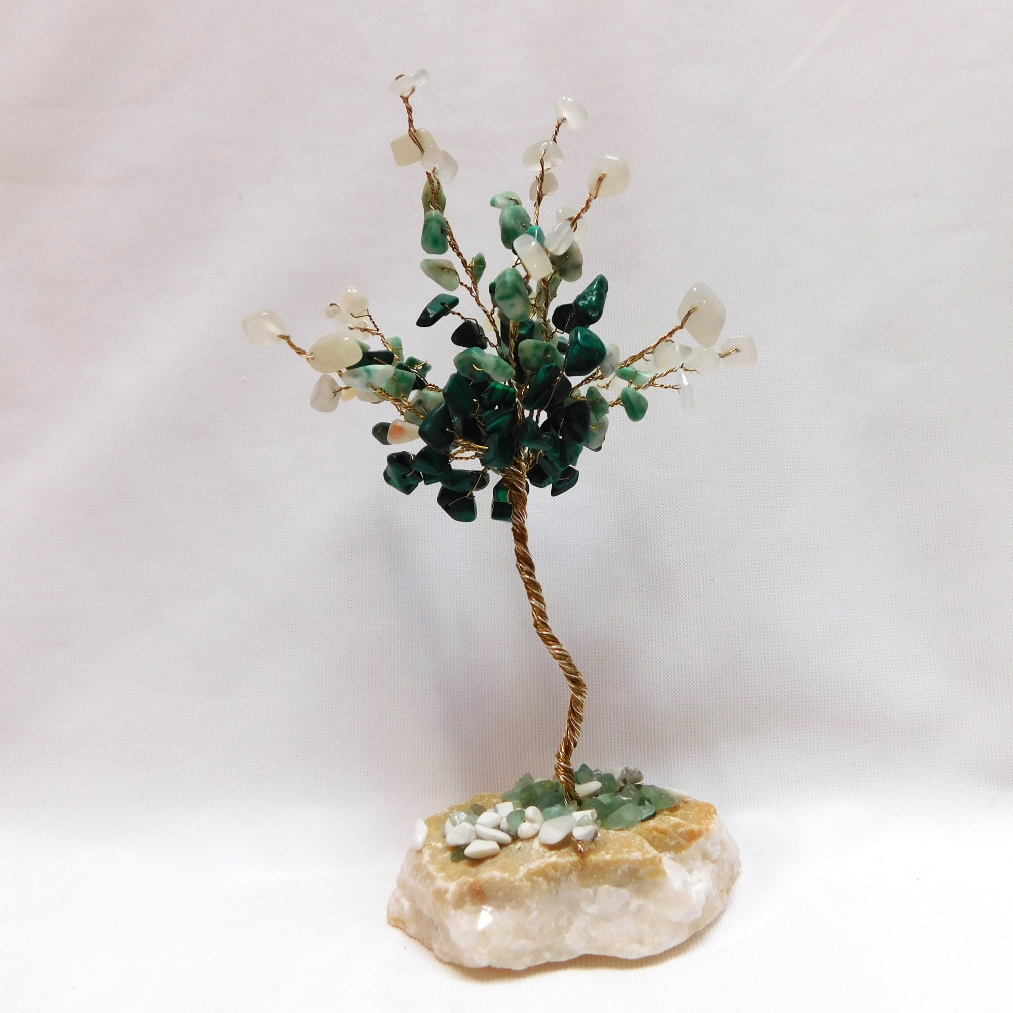 Copacel decorativ "Pomul vietii" din malachit, jasp dantela verde si ...