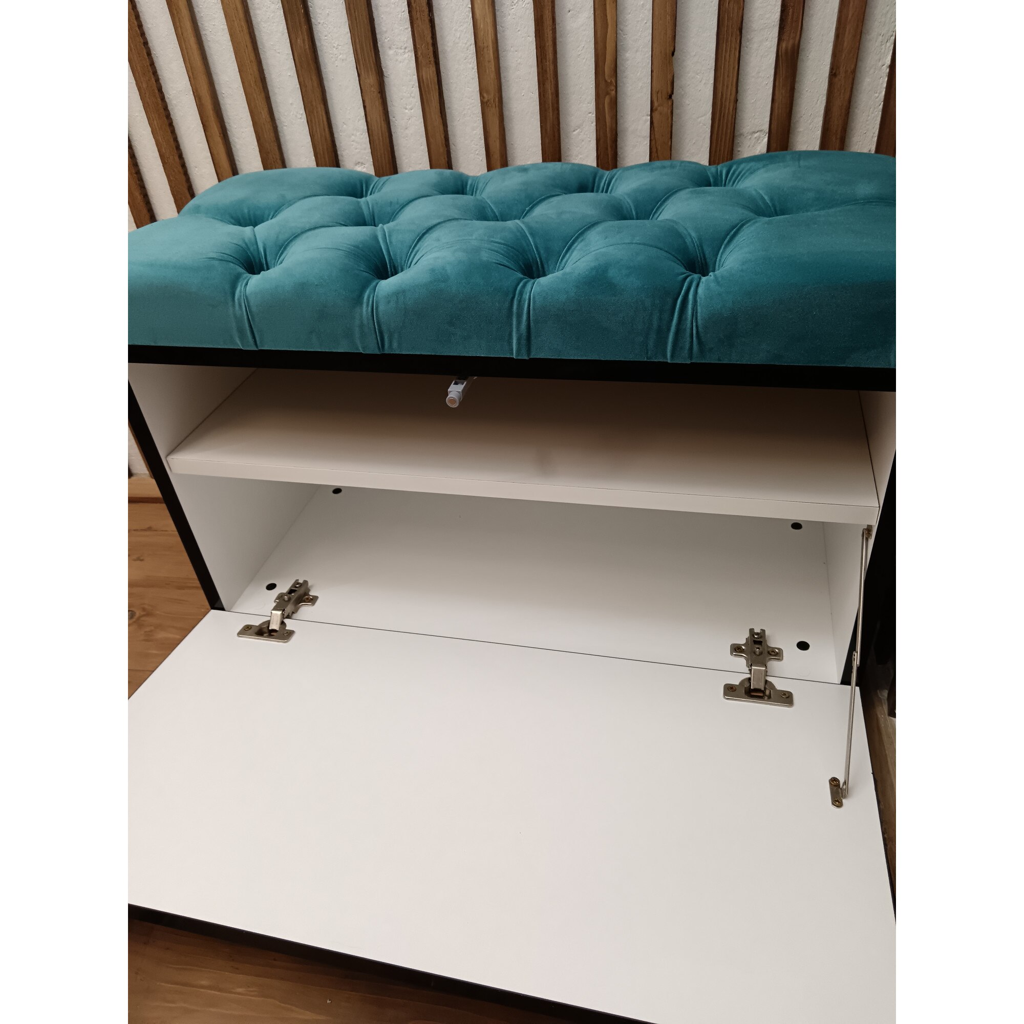 Pantofar tapitat, MDF Negru Lucios MG, Albastru Deschis, 60x32x48 cm ...