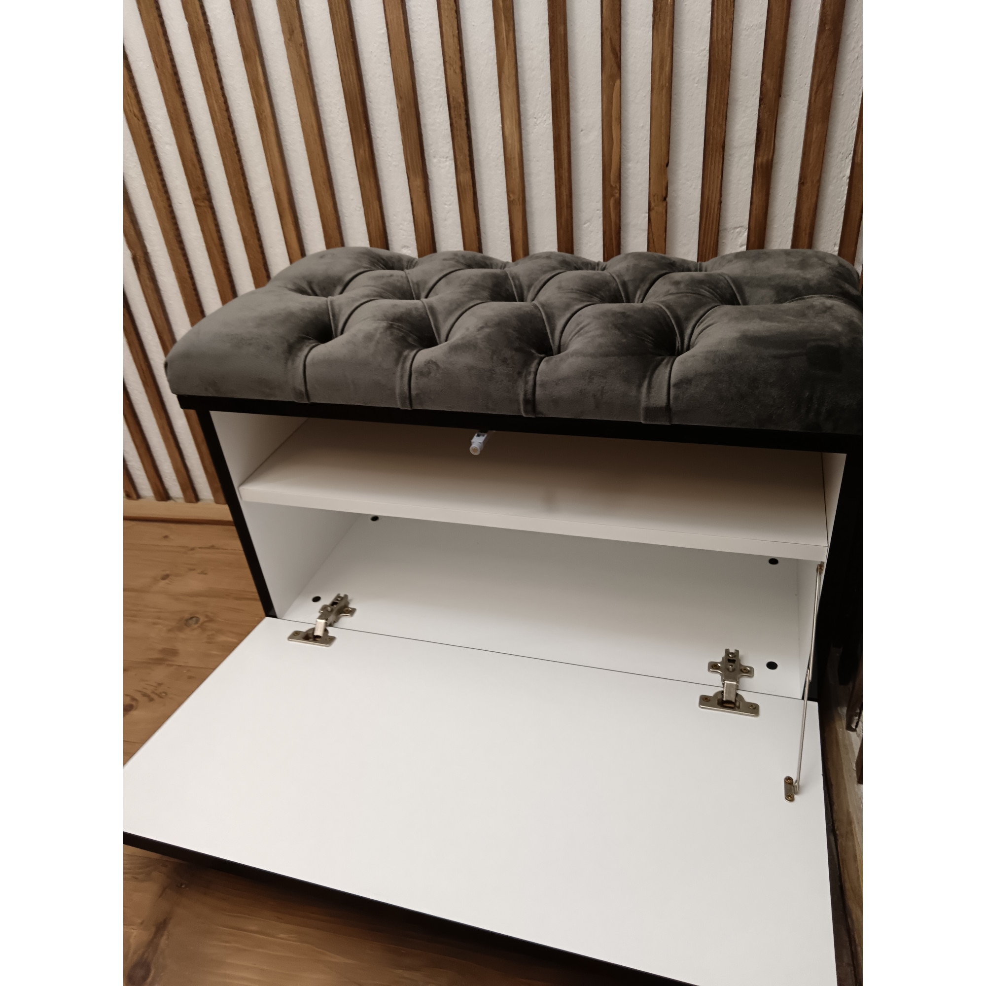 Pantofar tapitat, MDF Negru Lucios MG, Gri Antracit, 80x32x48 cm - eMAG.ro