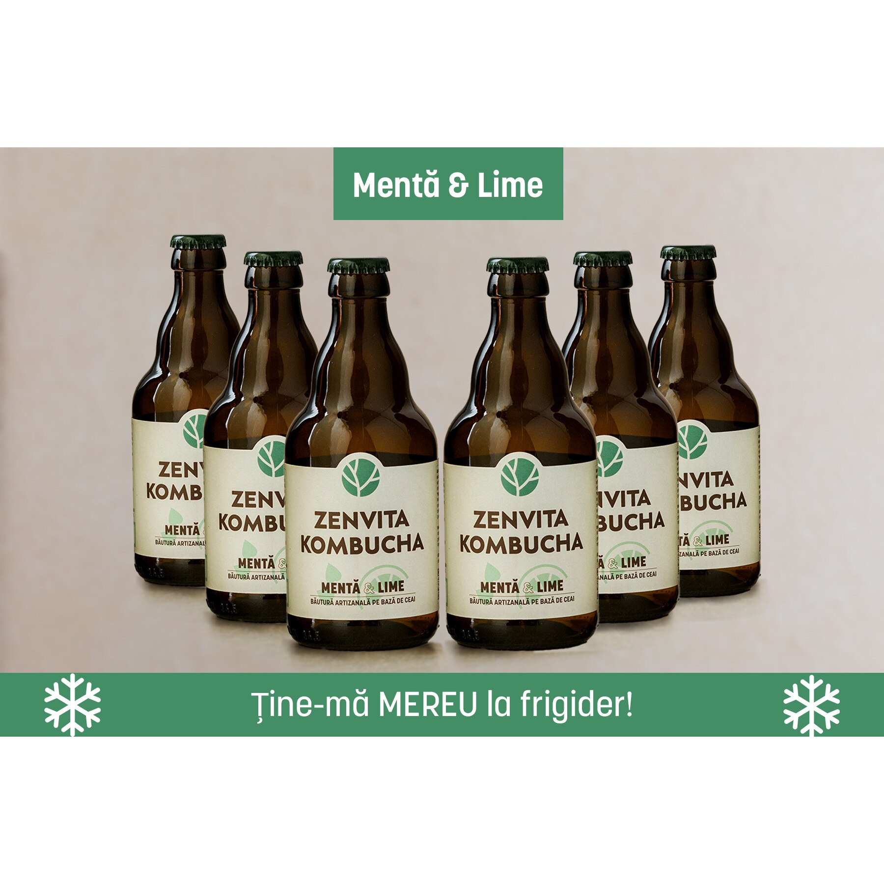 Set 6 sticle x 330 ml ceai kombucha, Zenvita, menta & lime ...