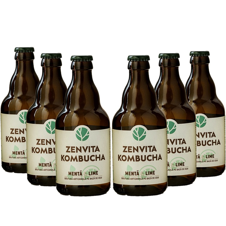 Set 6 sticle x 330 ml ceai kombucha, Zenvita, menta & lime ...