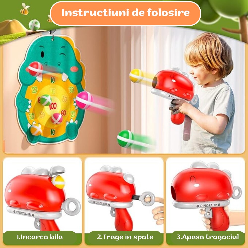 Darts pentru copii, tinta si pistol model dinozar, jucarie interactiva ...