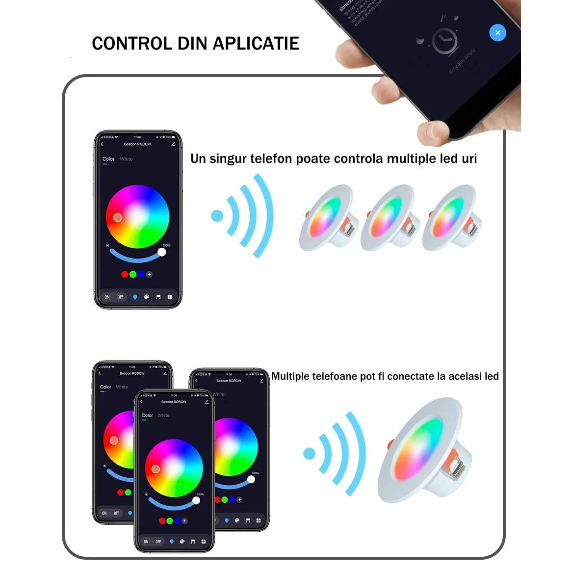 Spot RGB+CCT cu Led Inteligent Incastrat, 10W, Tuya, Control din ...