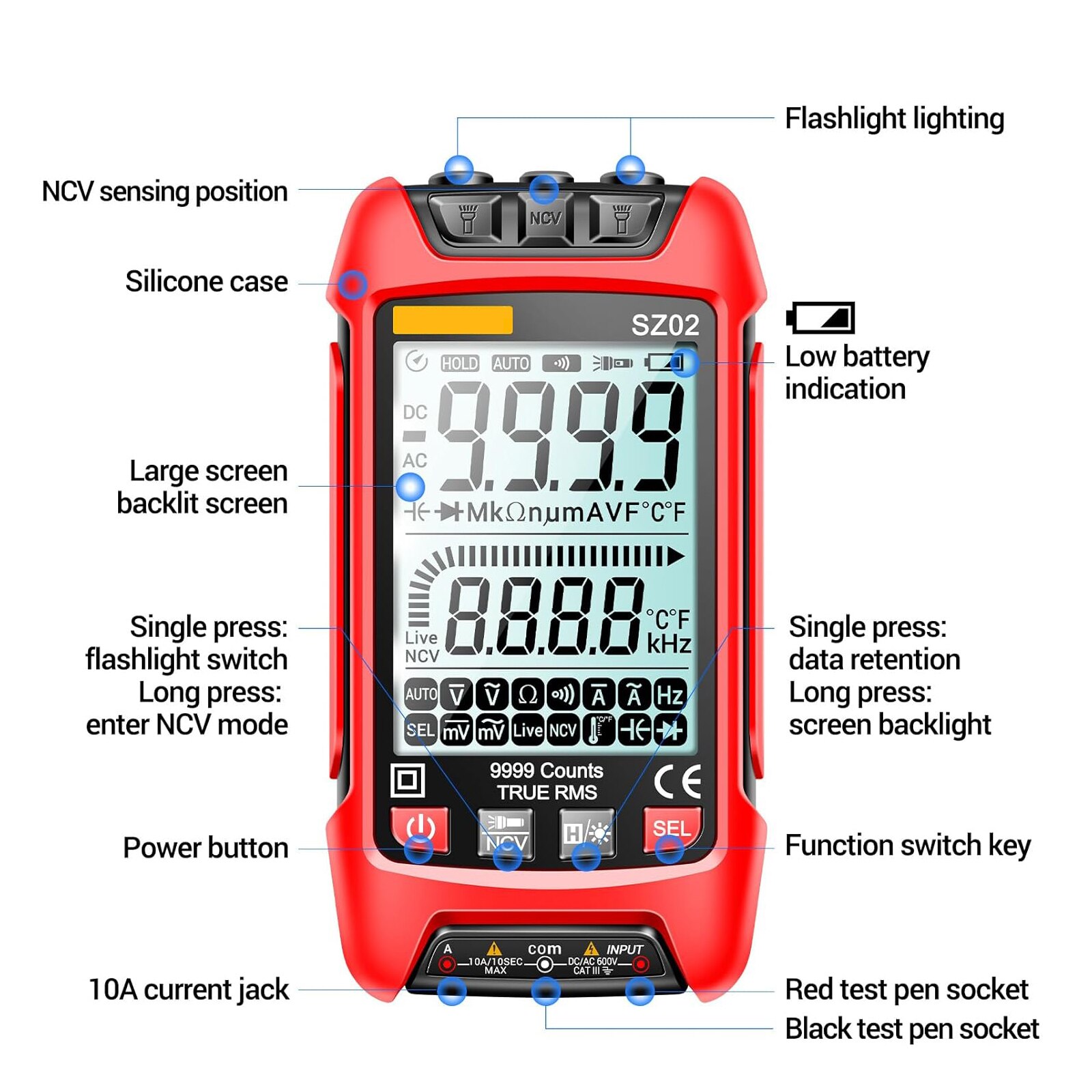 Multimetru smart digital, NUODWELL, Masoara curent DC/AC, Voltaj ...