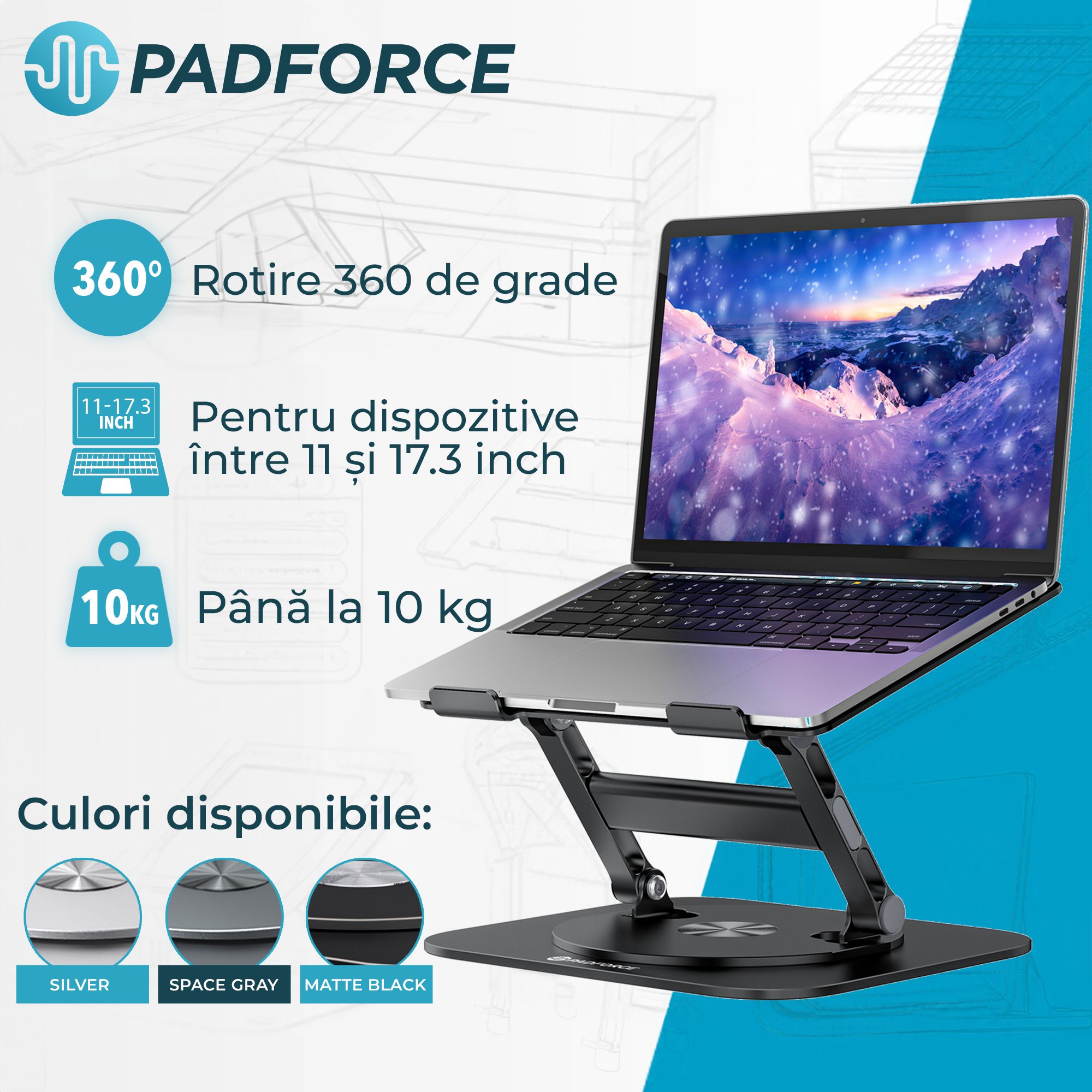 Suport laptop PadForce®, 11-17" inch, Rotire 360°, Ajustabil pe ...