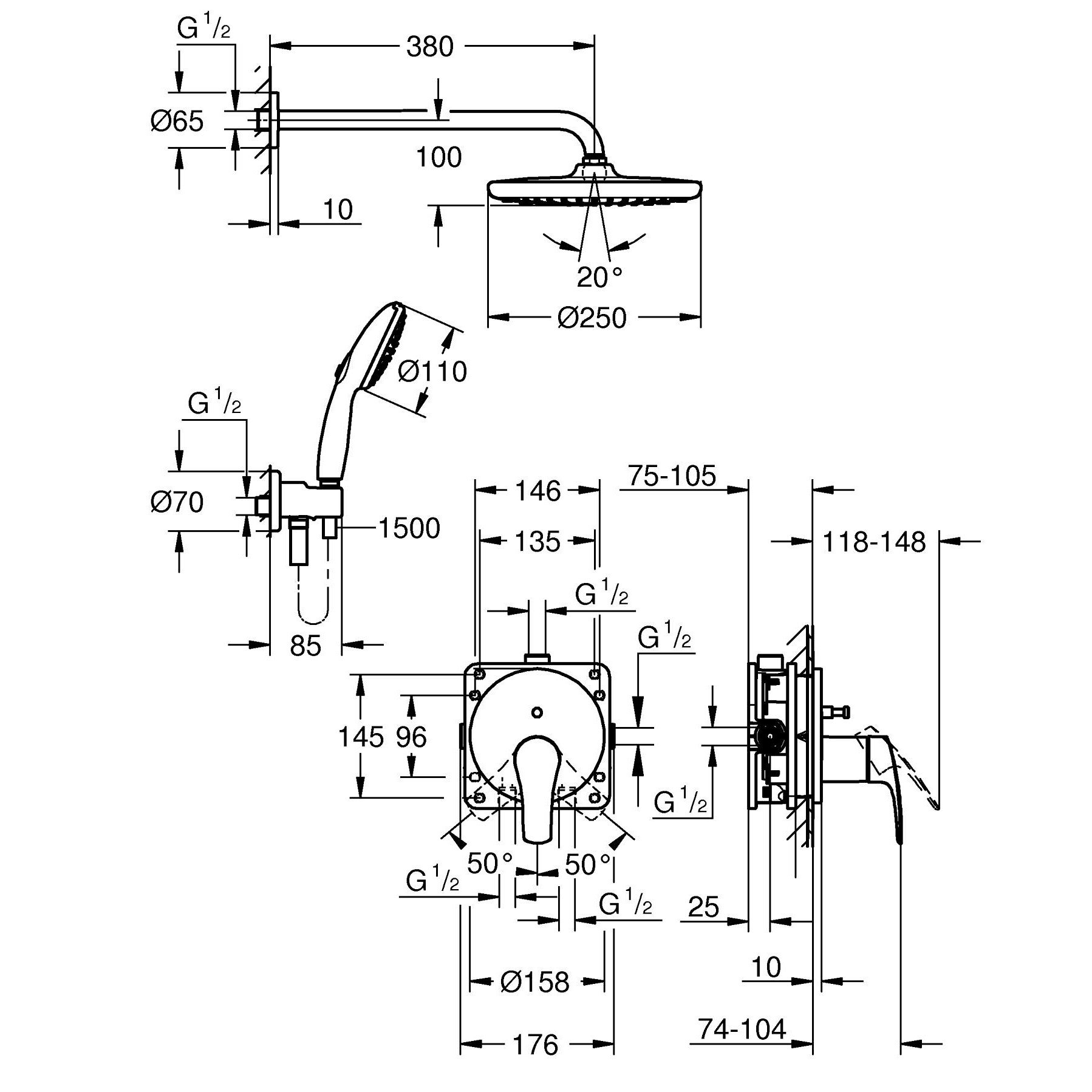 Душ система Grohe Start 25288000, 1/2'', вградена, 250 мм, 1 функция ...