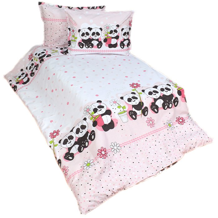 Детски спален комплект AV Baby, 5 части, 70 x 160 см, Панда, Розов ...