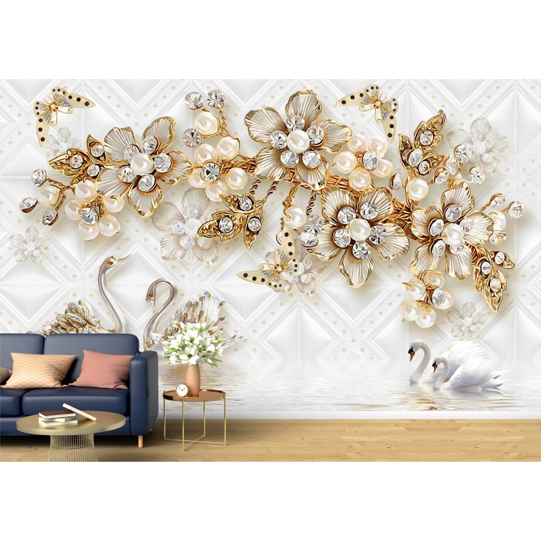 Öntapadó PVC tapéta, Ezüst Virágok Drágakövekkel és Hattyúkkal, 250x400 ...