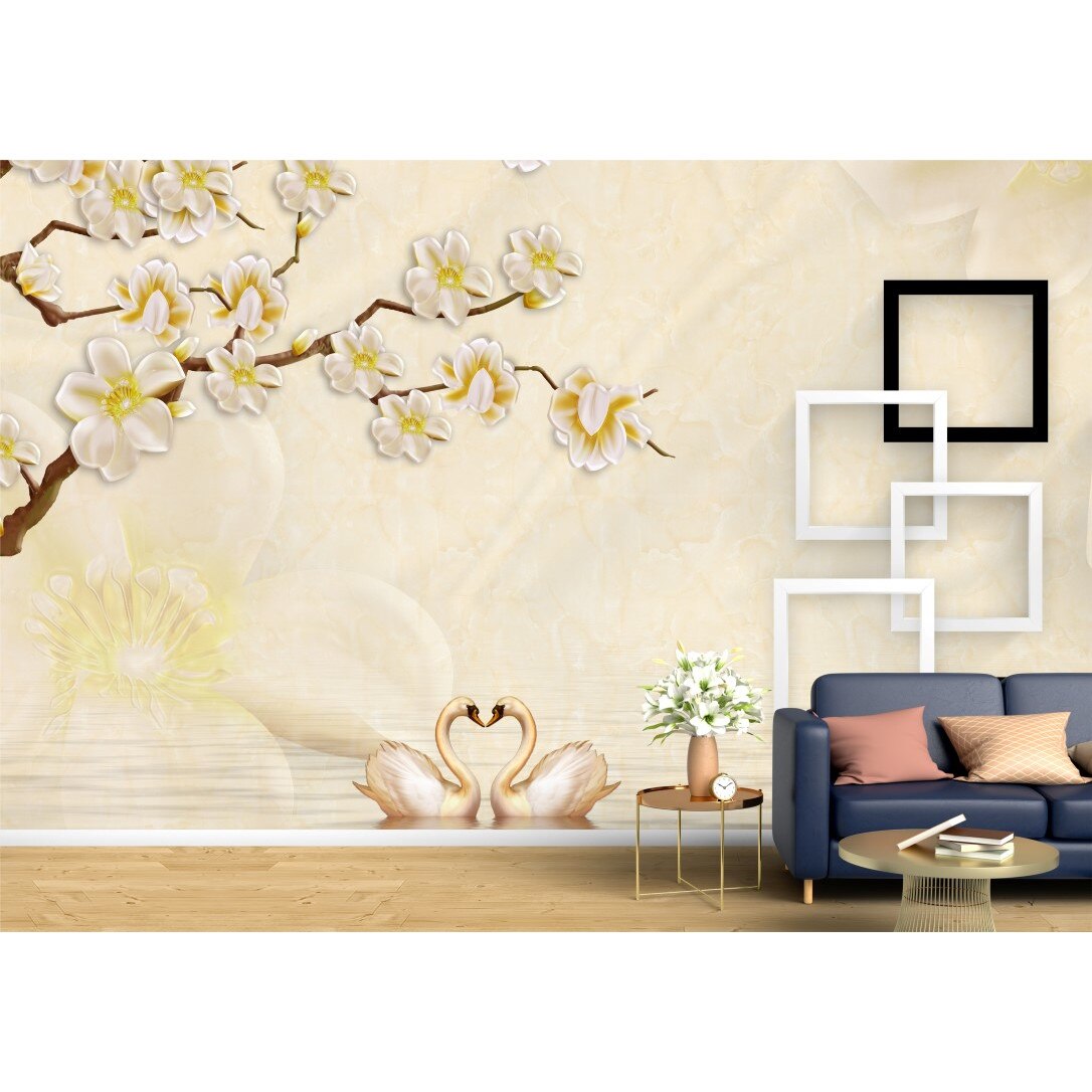 Fototapet PVC autoadeziv, Flori Albe Cu Lebede Si Patrate 3D, 250x400 ...