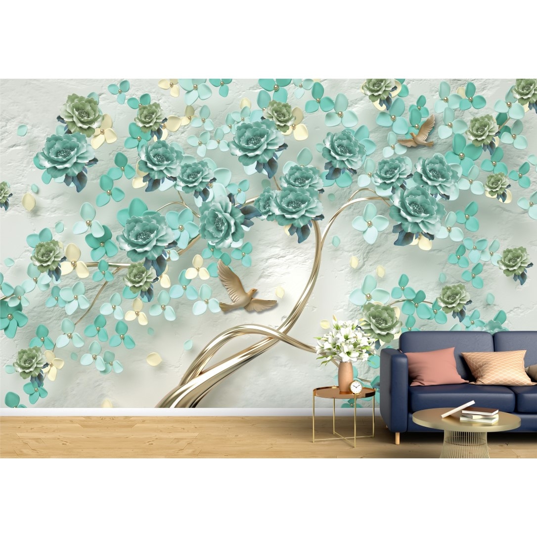 Öntapadó PVC tapéta, Aranyfa kék virágokkal, 250x400 cm - eMAG.hu