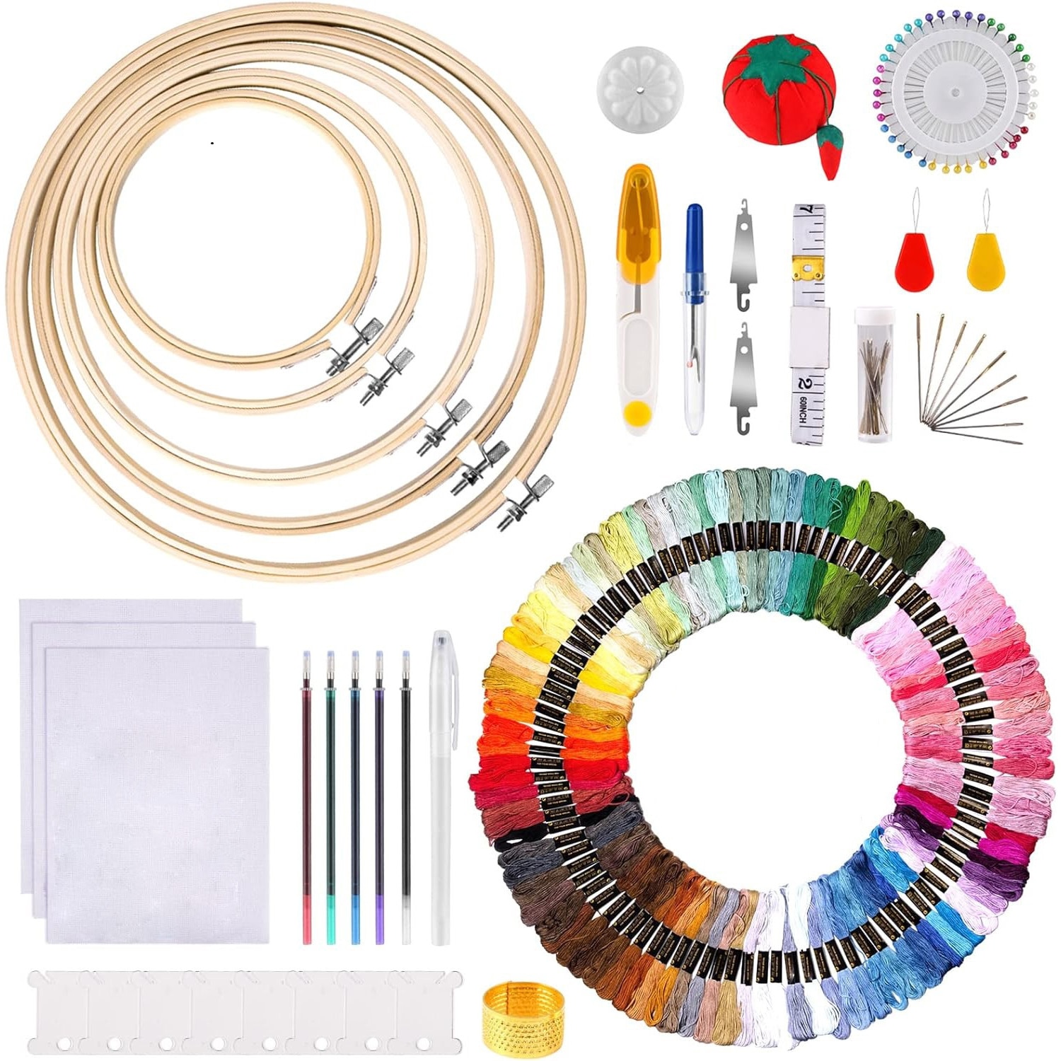 Kit profesional de broderie, JENOUS®, 100 fire colorate, 3 tesaturi, 5 ...
