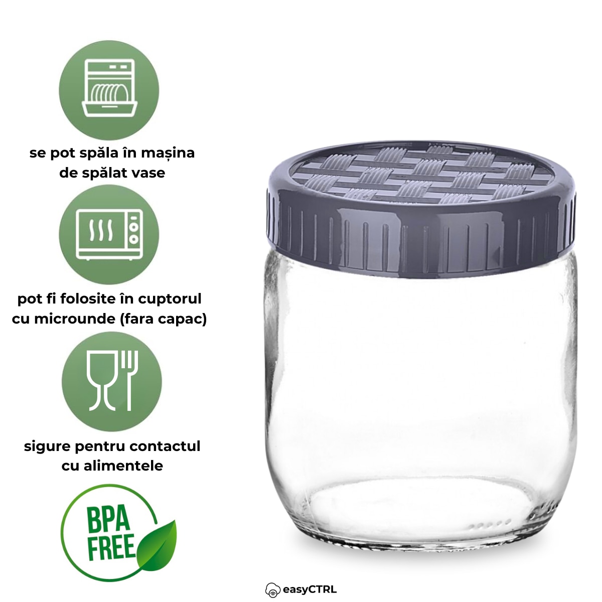 Set 5 borcane depozitare alimente, sticla, capac cu filet, 300 ml - eMAG.ro