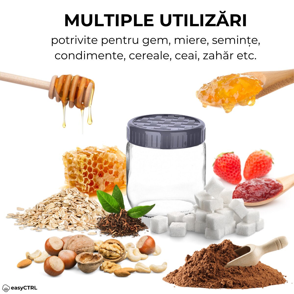 Set 5 borcane depozitare alimente, sticla, capac cu filet, 300 ml - eMAG.ro