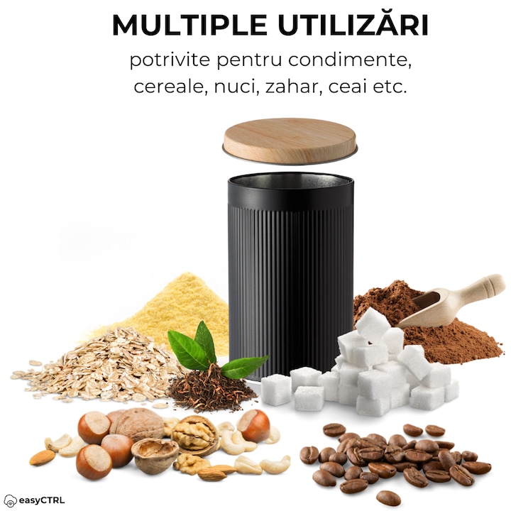 Set 3 Cutii metalice pentru depozitare alimente, negru, 8.5 x 13 cm ...