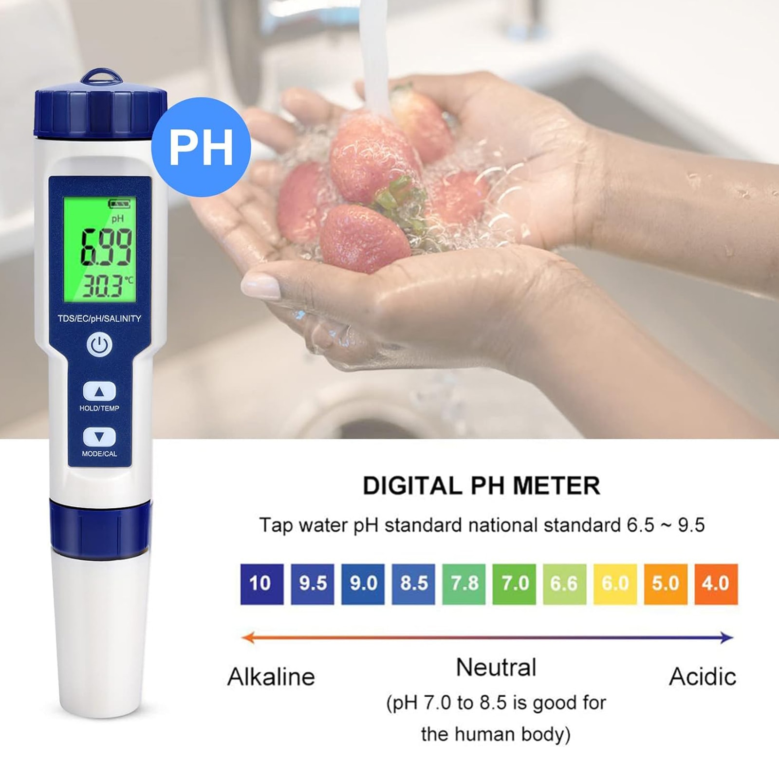 Tester profesional pentru calitatea apei 5 in 1, NUODWELL, Testare PH ...