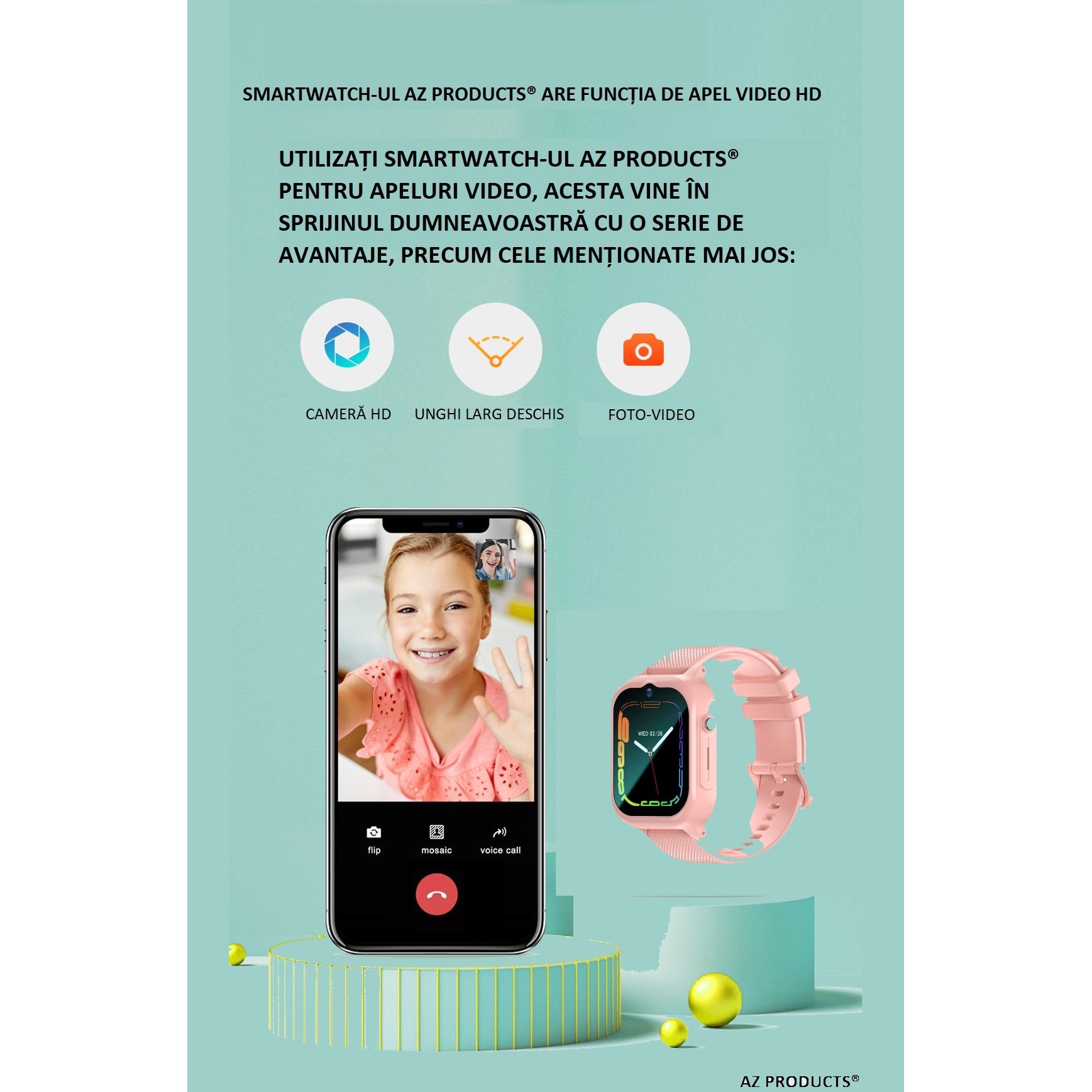 Ceas SmartWatch GPS Copii, AZ PRODUCTS®, Functie Telefon, Apeluri Video ...