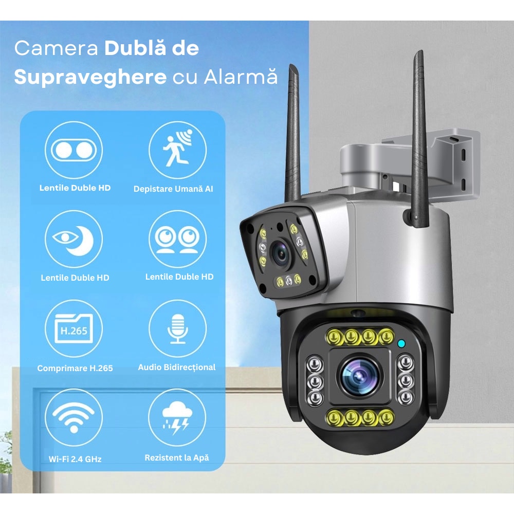 Camera de Supraveghere IP Dubla Inteligenta 360, WI-FI, 4K, 8 MP. 1080P ...