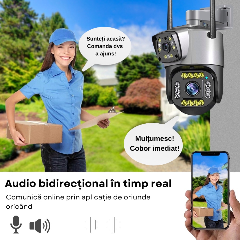 Camera de Supraveghere IP Dubla Inteligenta 360, WI-FI, 4K, 8 MP. 1080P ...