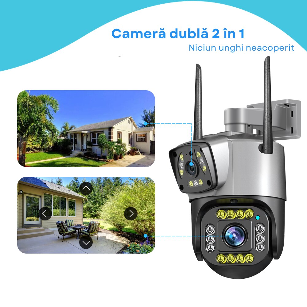 Camera de Supraveghere IP Dubla Inteligenta 360, WI-FI, 4K, 8 MP. 1080P ...