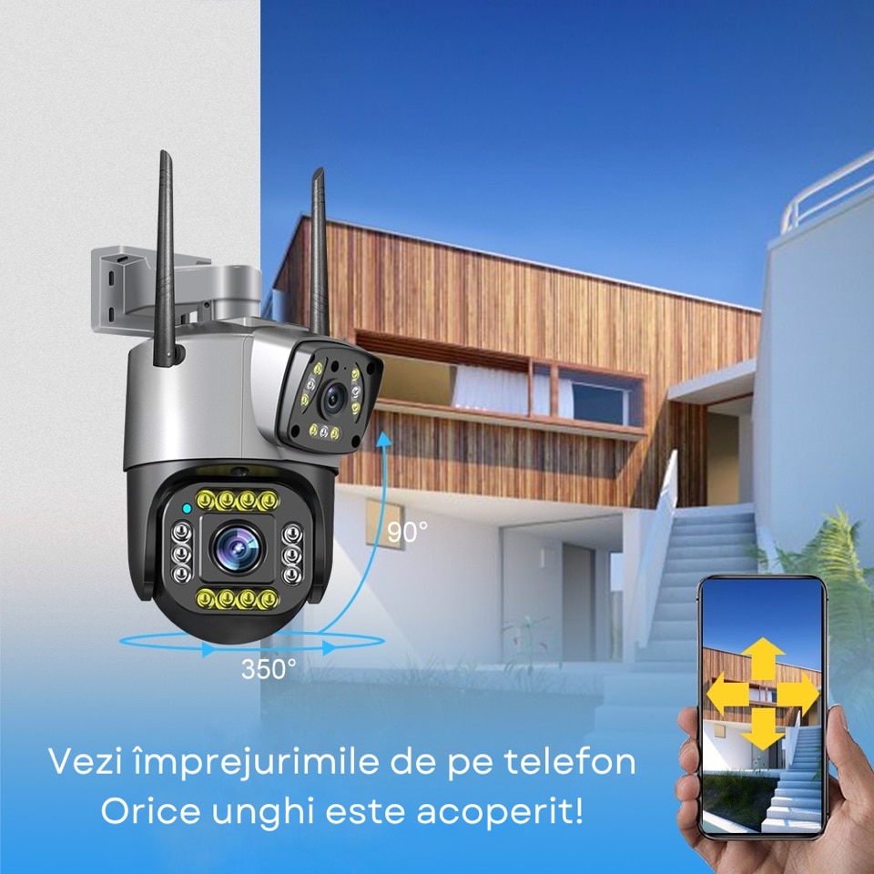 Camera de Supraveghere IP Dubla Inteligenta 360, WI-FI, 4K, 8 MP. 1080P ...