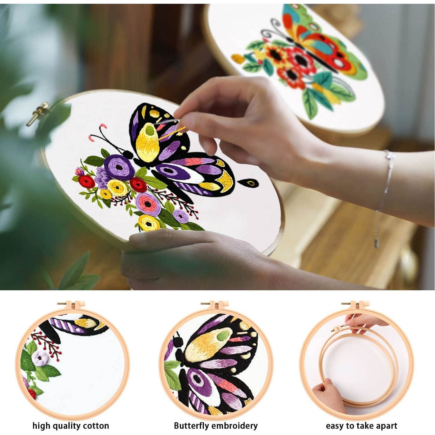 Set de broderie 3 piese, modele flori fluturi, ata dentara si unelte ...