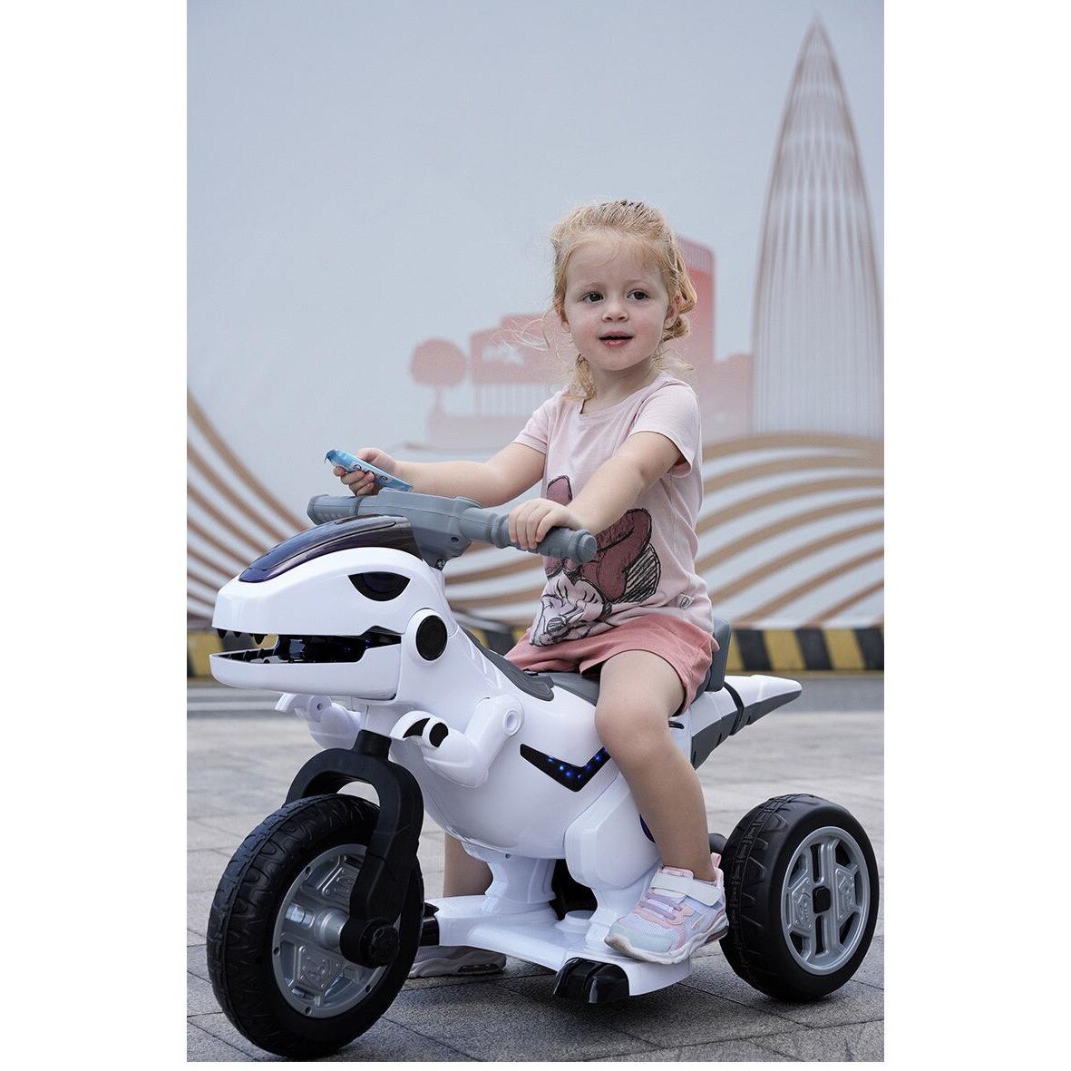 Motocicleta electrica cu 3 roti, 12V, 2 motoare, 3-7 ani, Dino alb ...