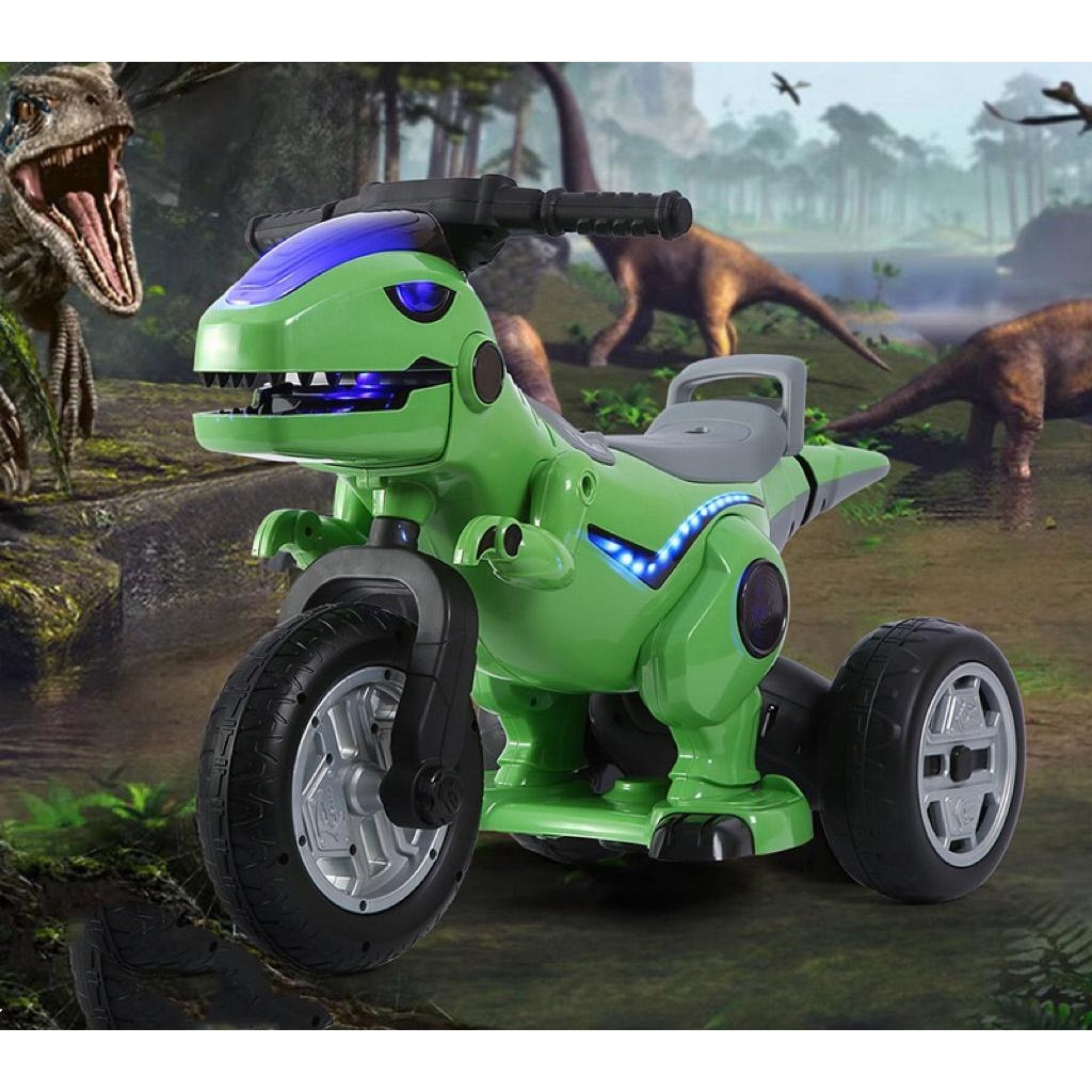 Motocicleta electrica cu 3 roti, 12V, 2 motoare, 3-7 ani, Dino verde ...