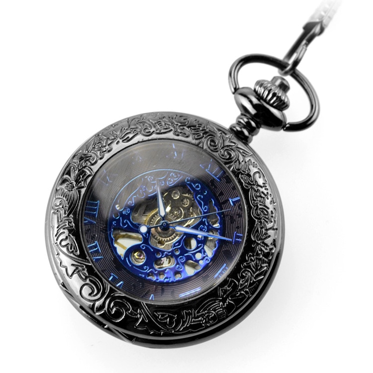 Ceas de buzunar Mecanic Skeleton Cu Lant Vintage Retro Negru/Albastru ...