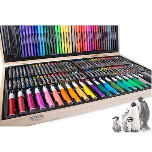 Set 180 Piese pentru Pictura si Desen, Geanta Depozitare din Lemn ...