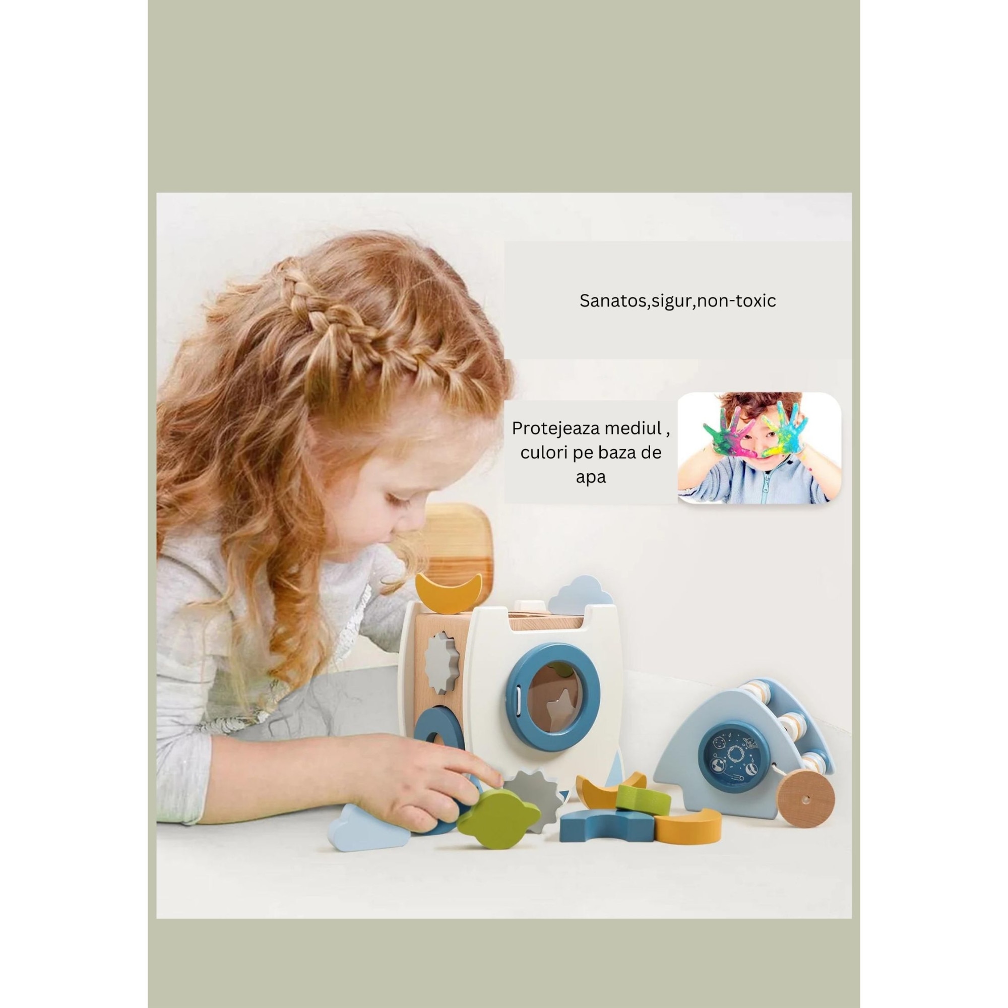 Racheta spatiala Montessori, Jucarie Cognitiva si Educativa, Lemn, + 2 ...