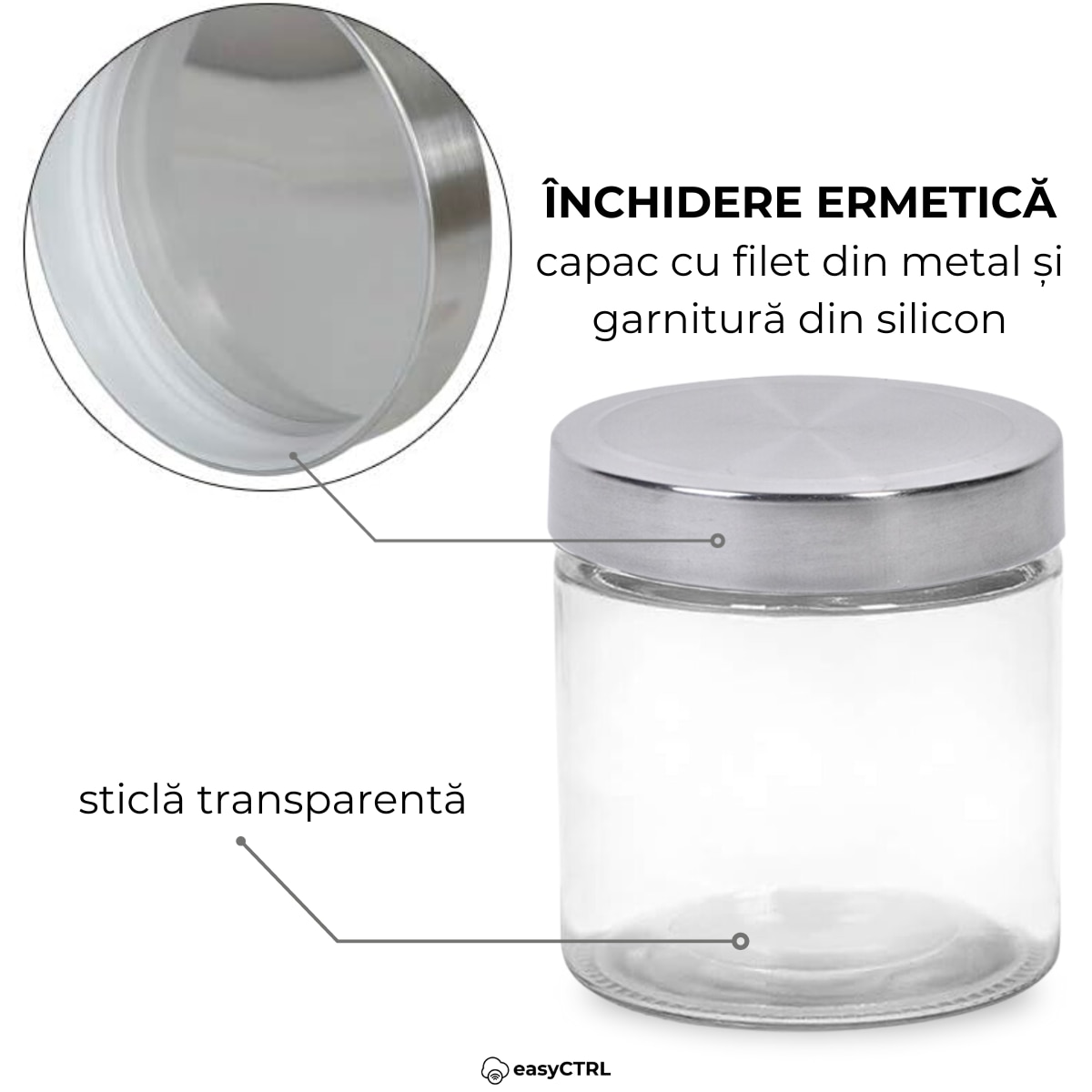 Set 5 borcane depozitare alimente din sticla, capac metalic cu ...