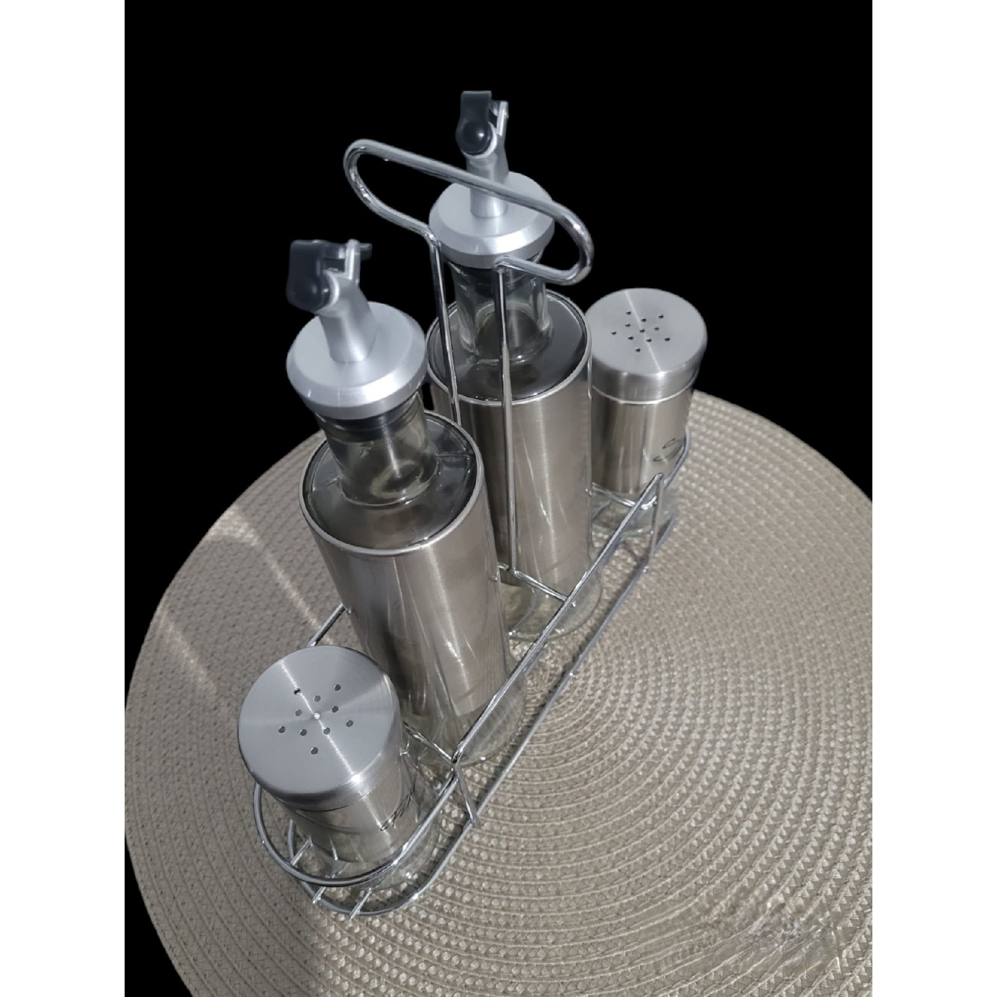 Oliviera 4 piese din sticla cu suport metalic 2 recipiente sare/piper ...