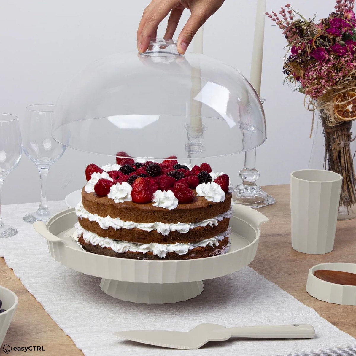 Set Platou torturi si prajituri cu spatula, plastic, capac transparent ...