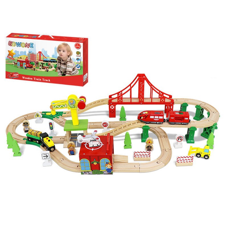 Set circuit din lemn cu tren electric, WALALLA, Formata din 80 de ...