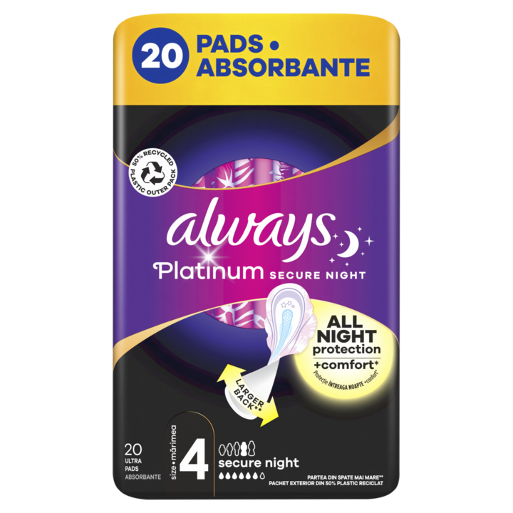 Absorbante Always Platinum Secure Night Quttro Pack, 20 buc - eMAG.ro