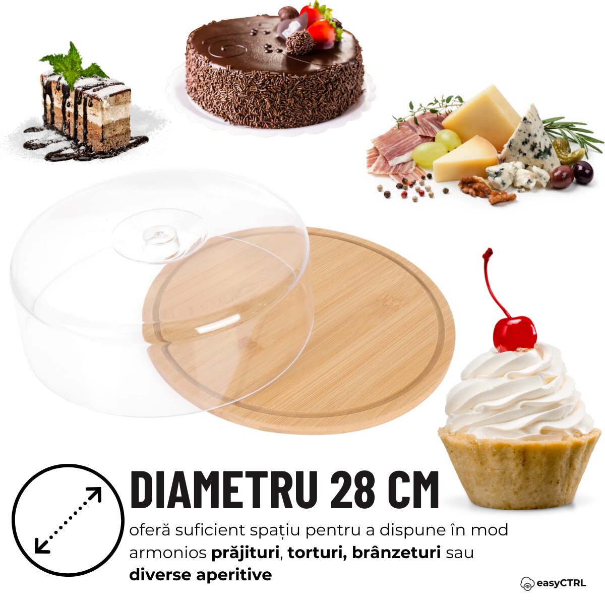 Platou torturi, prajituri si alimente, bambus, capac transparent, 28 cm ...