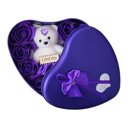 Cutie metalica in forma de inima cu trandafiri de sapun si ursulet, Mov ...