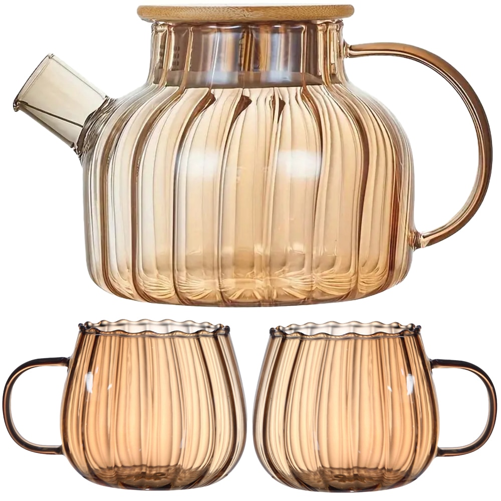 Комплект чайник с цедка и чаши Quasar & Co., 950 ml/2x400 ml, Кестенява ...
