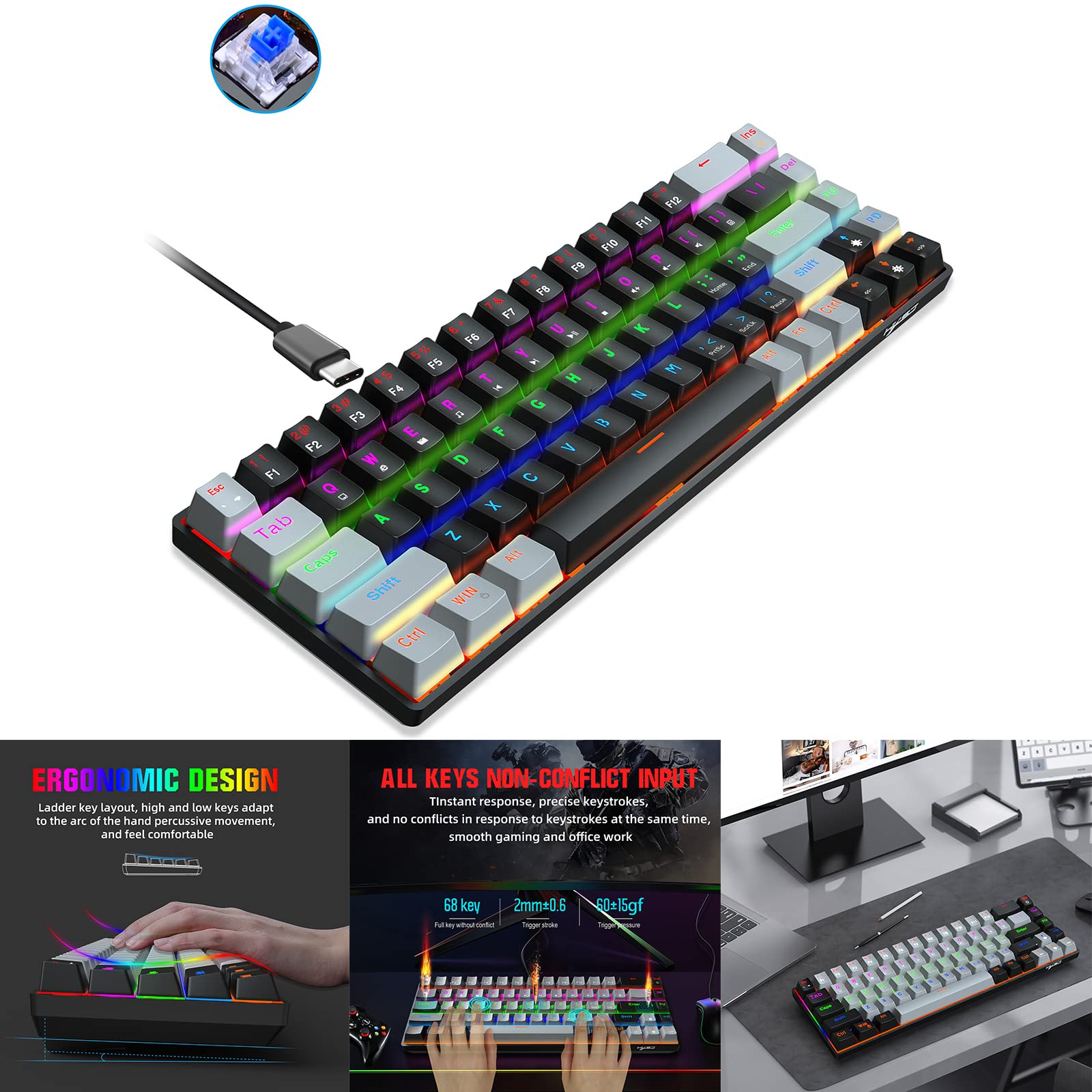 Механична клавиатура, 68 клавиша, ABS, RGB жична, със синя LED ...