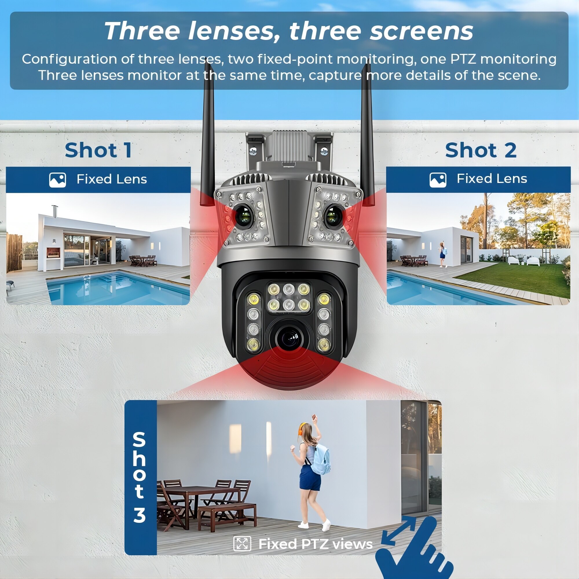 Camera de Supraveghere Tripla WIFI MOSMAOO®, 12MP, 10X digital zoom ...