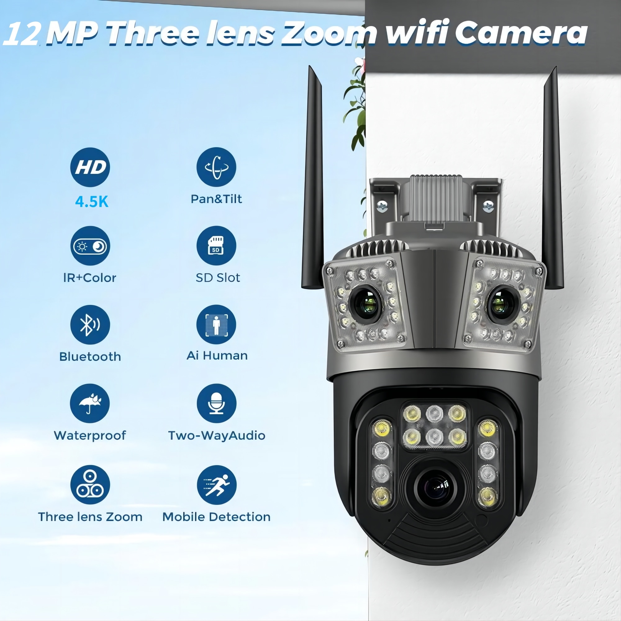 Camera de Supraveghere Tripla WIFI MOSMAOO®, 12MP, 10X digital zoom ...