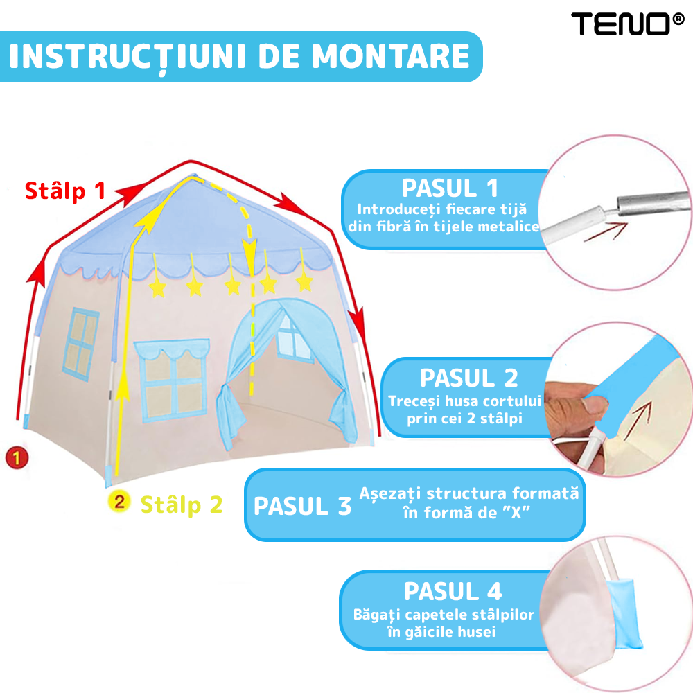 Cort de Joaca pentru Copii tip Casuta Teno®, covoras inclus cu 2 fete ...