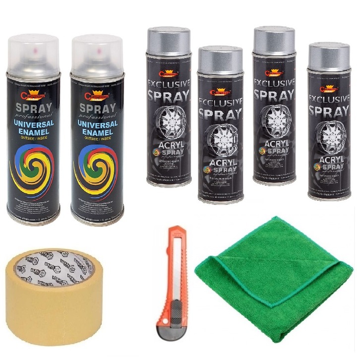 Kit complet Vopsire Jante, Spray Argintiu Premium, 500ml x 4, Spray Lac ...