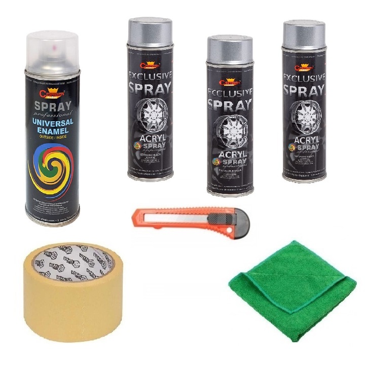 Kit complet Vopsire Jante, Spray Argintiu Premium, 500ml x 3, Spray Lac ...