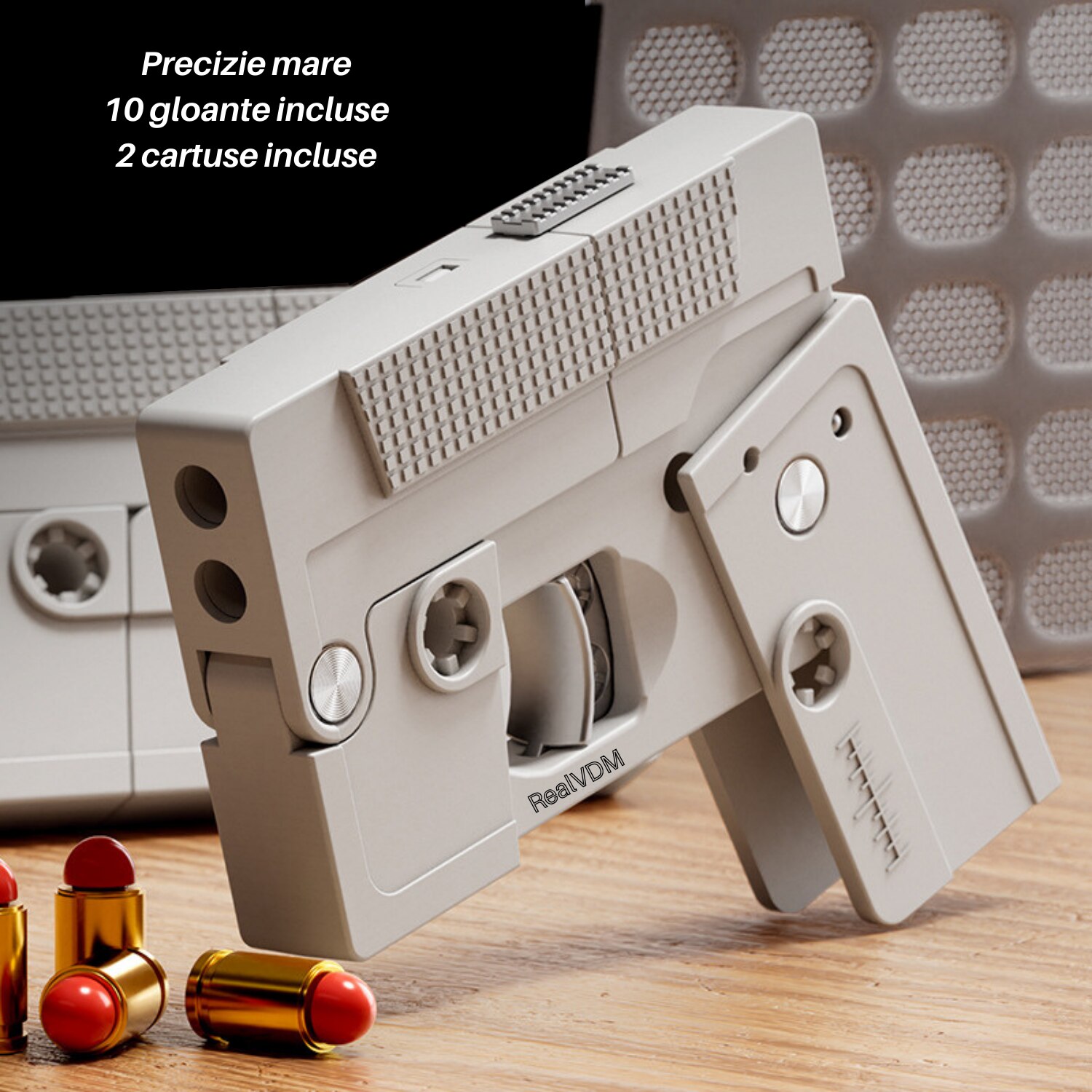 Set Pistol Tranformabil in Caseta RealVDM®, cu 10 Cartuse din Cauciuc ...